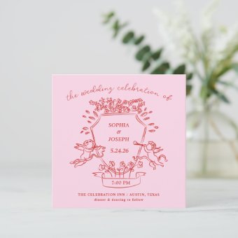 Pink and Red Hand Drawn Crest with Cherubs Wedding Invitation | Zazzle