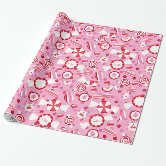 Pink and Red Happy Holidays Candy Christmas Wrapping Paper | Zazzle.com