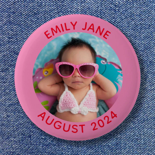 Pink and Red Personalized Round Family Photo Button | Zazzle