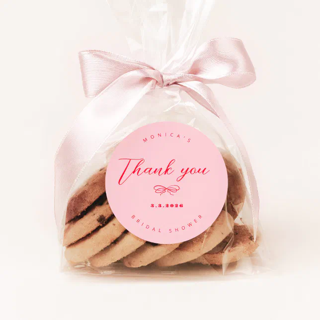 Pink and red retro bow thank you classic round sticker | Zazzle