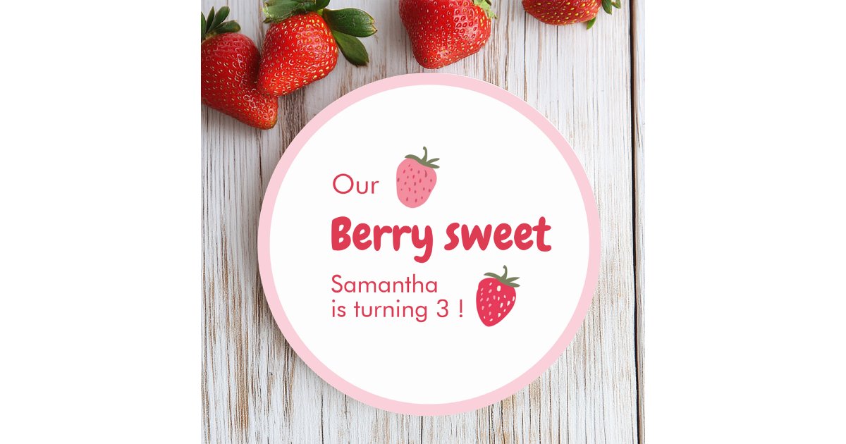 Pink and Red Strawberry Birthday Classic Round Sticker | Zazzle