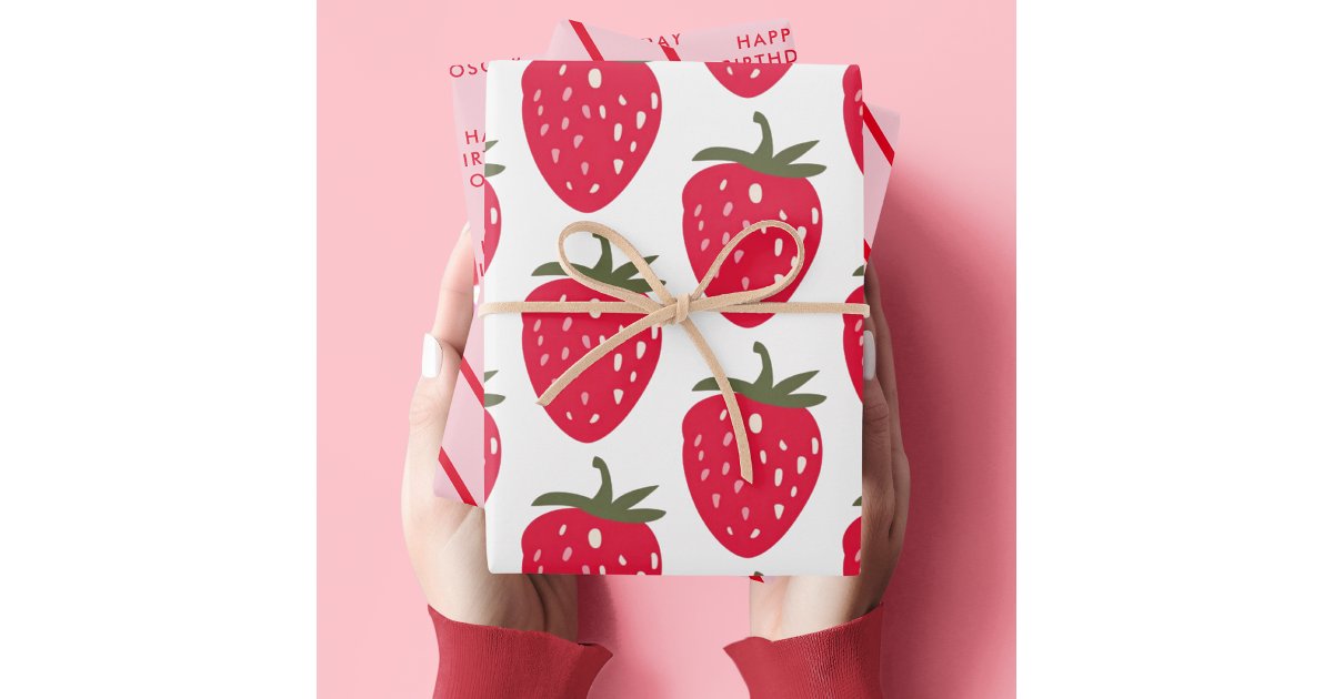 Pink and Red Strawberry Birthday Wrapping Paper Sheets | Zazzle