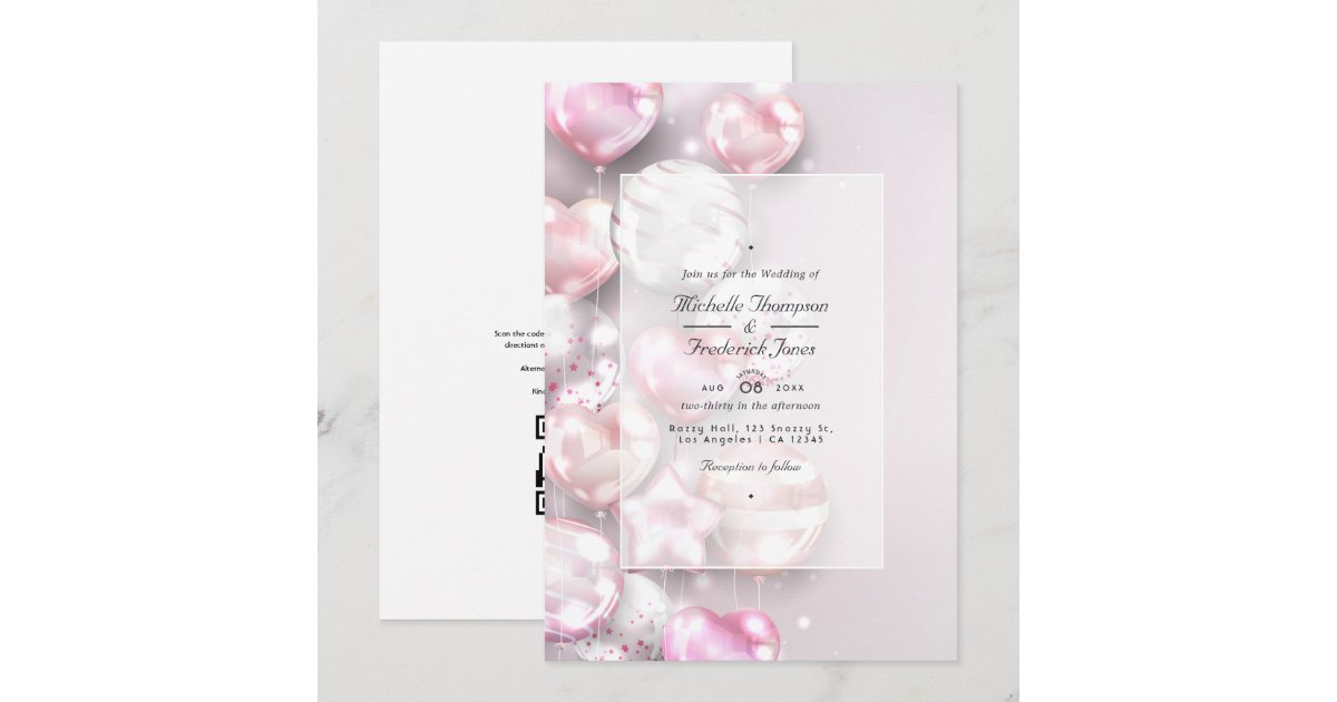 Pink and Rose Gold Balloons QR Code RSVP Wedding Invitation | Zazzle