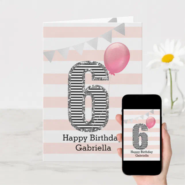 Pink and Silver Glitter 6th Birthday Girl Card | Zazzle
