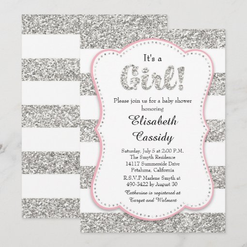 Pink and Silver Glitter Girl Baby Shower Invitatio Invitation | Zazzle