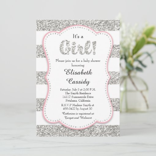 Pink and Silver Glitter Girl Baby Shower Invitatio Invitation | Zazzle