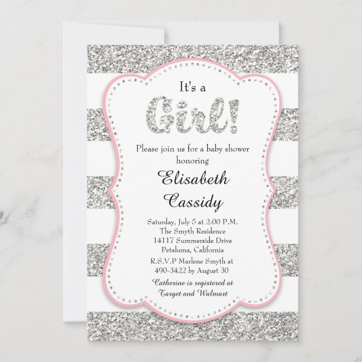 Pink and Silver Glitter Girl Baby Shower Invitatio Invitation | Zazzle.com