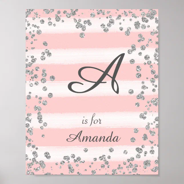 Pink and Silver Initial Baby Name Monogram Poster | Zazzle