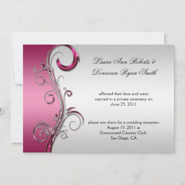 Pink and Silver Ornate Swirls Post Wedding Invitation | Zazzle