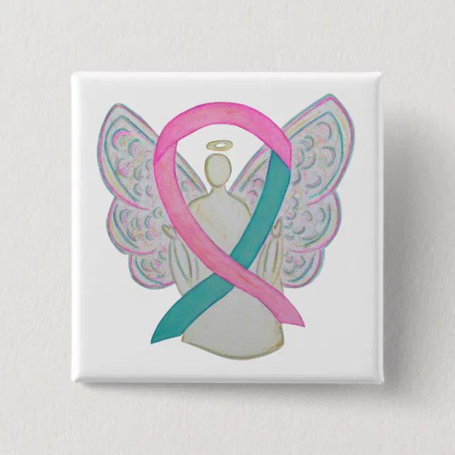 Pink and Teal Awareness Ribbon Angel Button Pins | Zazzle