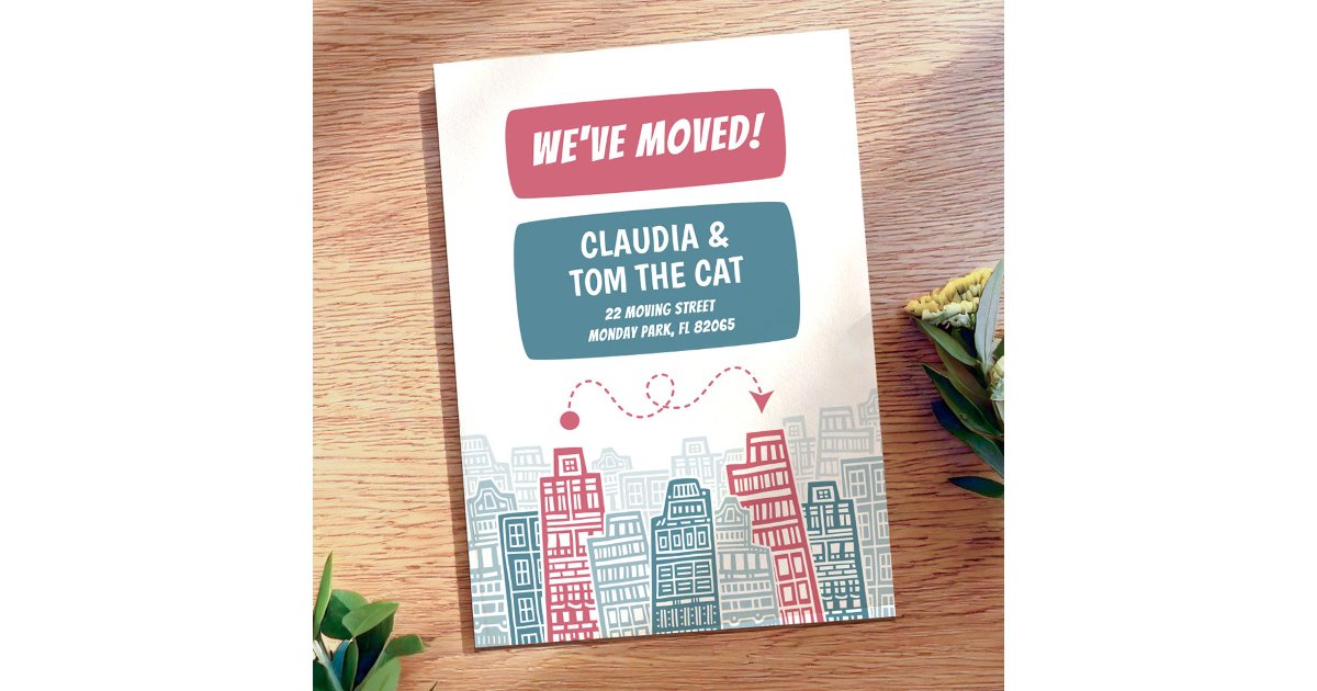 Pink and turquoise new address cartoon city announcement | Zazzle
