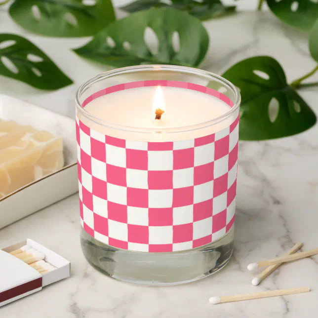 Pink and White Checkered Pattern Scented Candle | Zazzle