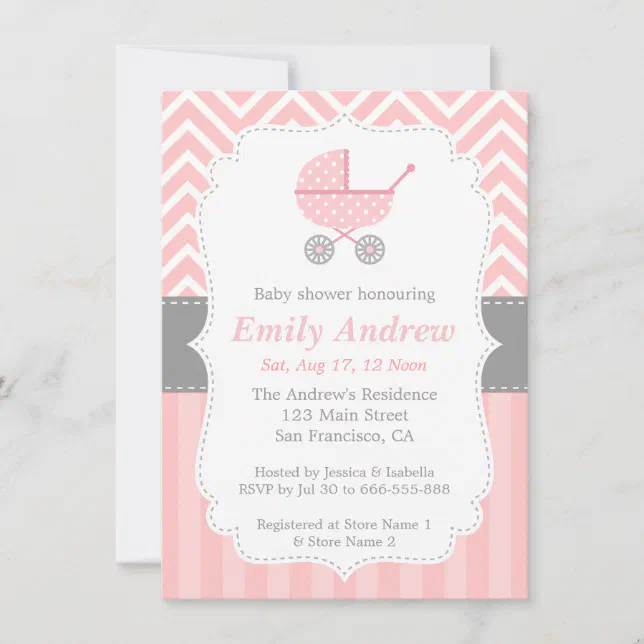 Pink and White Chevron, Stroller, Baby Girl Shower Invitation | Zazzle