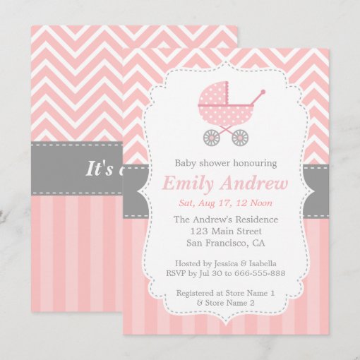 Pink and White Chevron, Stroller, Baby Girl Shower Invitation | Zazzle