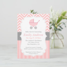 Pink and White Chevron, Stroller, Baby Girl Shower Invitation | Zazzle