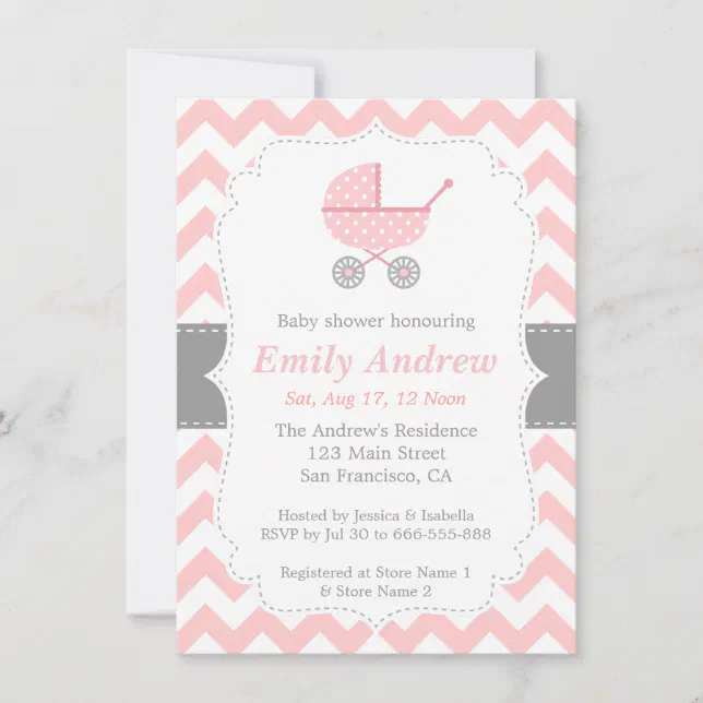 Pink and White Chevron, Stroller, Baby Girl Shower Invitation | Zazzle