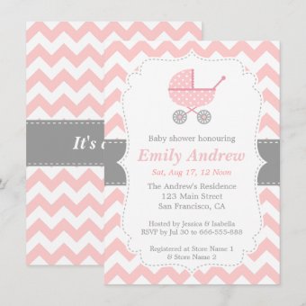 Pink and White Chevron, Stroller, Baby Girl Shower Invitation | Zazzle