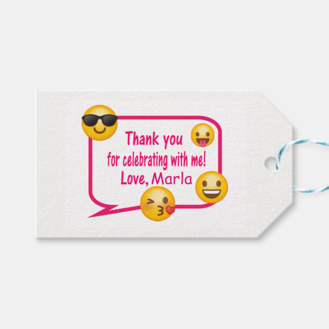 Pink and white, emoji thank you tags | Zazzle
