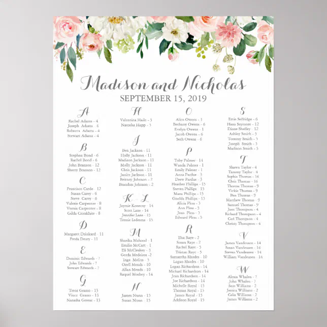 Pink and White Flower Alphabetical Seating Chart | Zazzle