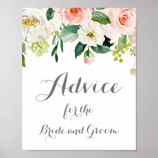 Pink and White Flower Wedding Advice Sign Poster | Zazzle
