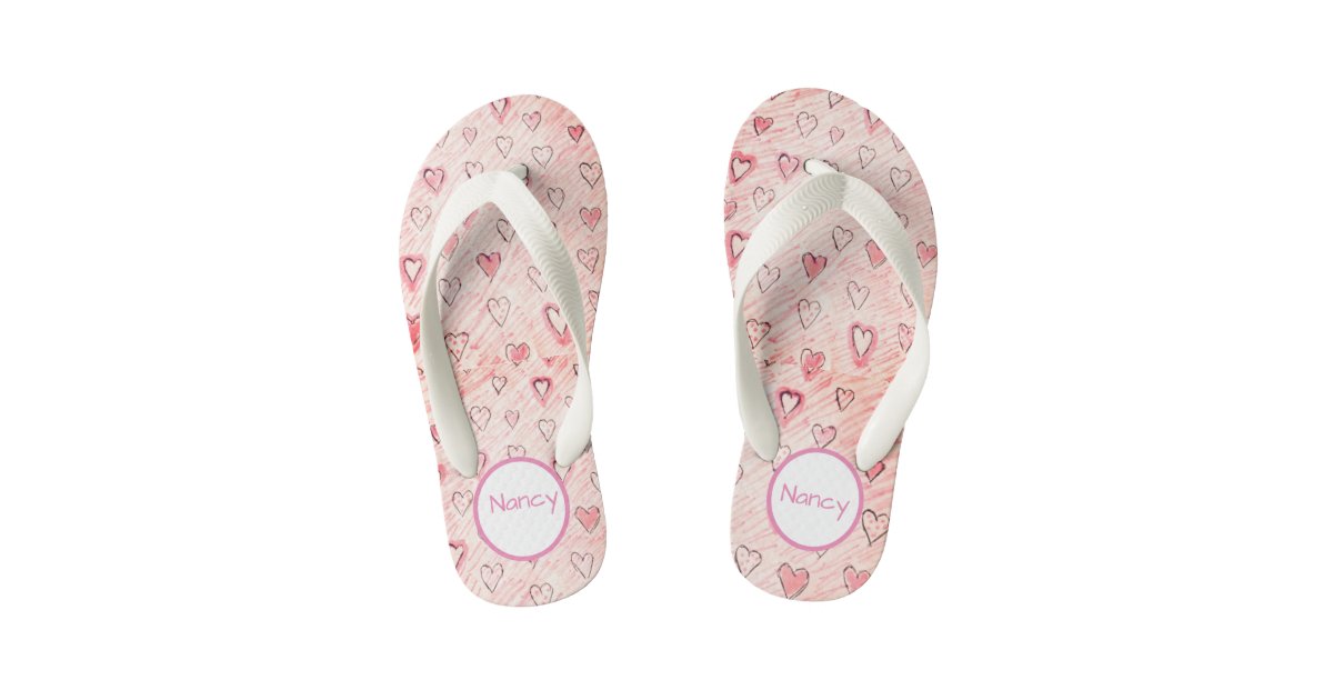 Pink and White Hearts with name Pair of Flip Flops | Zazzle