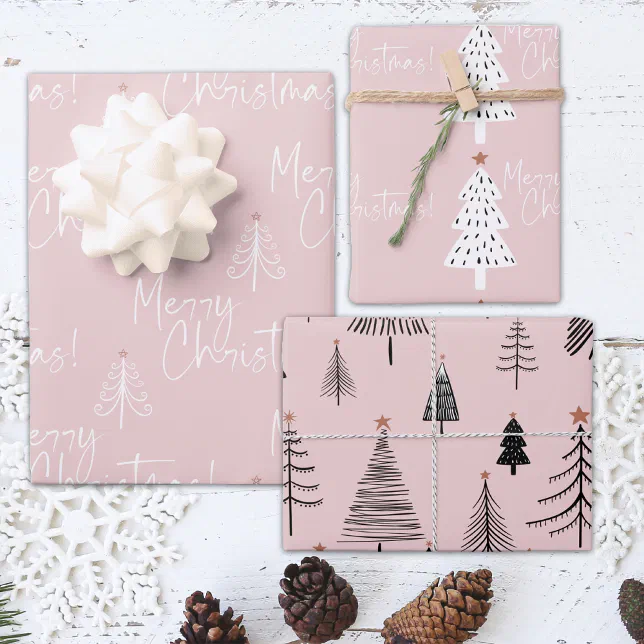 Pink and White Merry Christmas Tree Wrapping Paper Sheets | Zazzle
