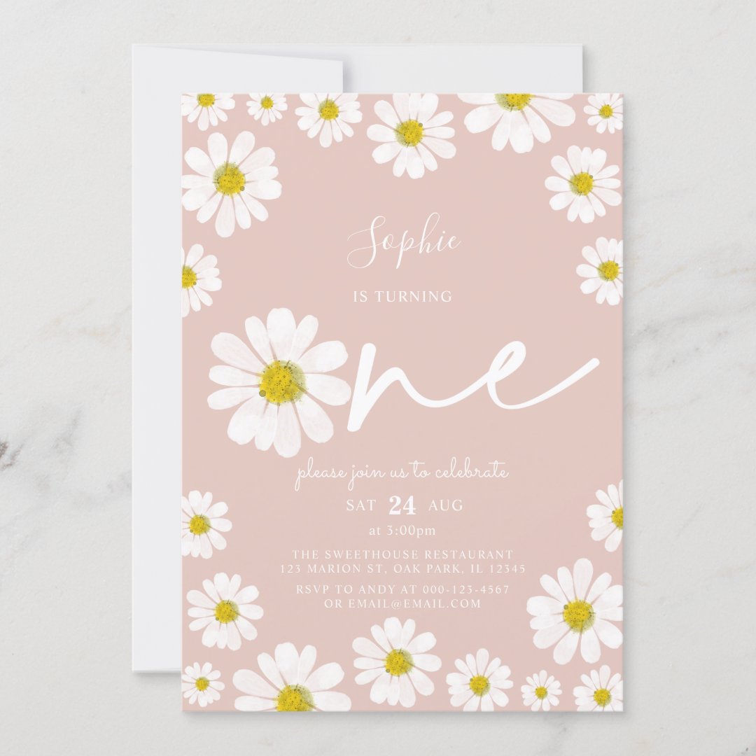 Pink and White Retro Daisy First Birthday Invitation | Zazzle