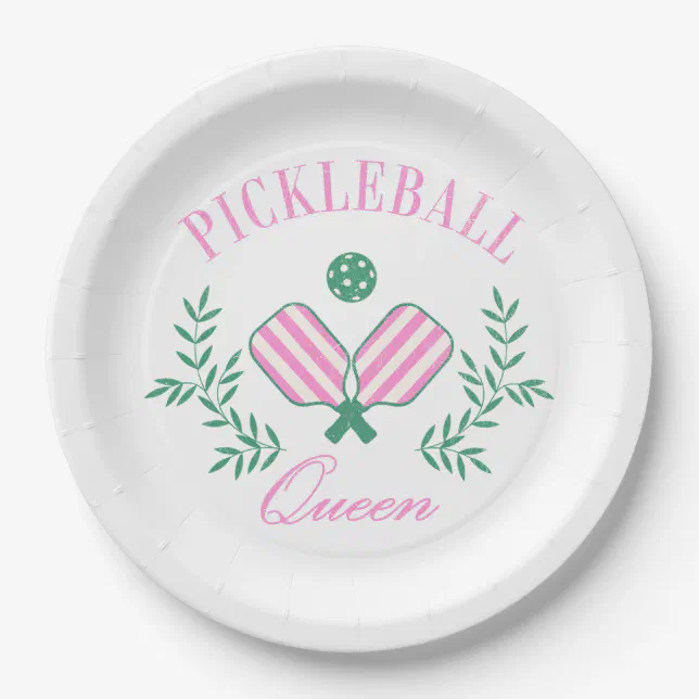 Pink and White Striped | Pickleball Queen Paper Plates | Zazzle