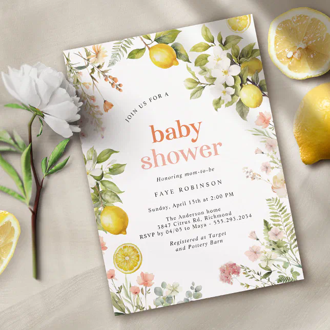 Pink and Yellow | Floral Lemon Citrus Baby Shower Invitation | Zazzle