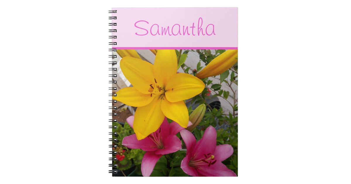 Pink and Yellow Lily Lillies Flower Girls Name Notebook | Zazzle