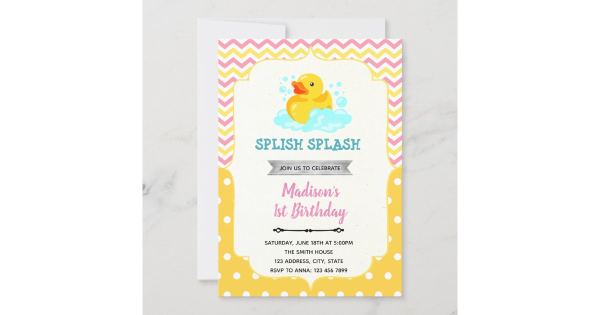 Pink and yellow rubber duck invitation | Zazzle