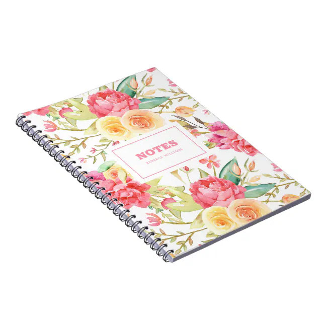 Pink and yellow watercolor flowers pattern notebook | Zazzle
