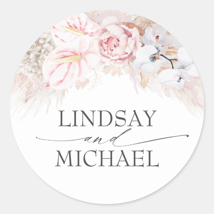 Pink Anthuriums and Pampas Grass Elegant Exotic Classic Round Sticker ...