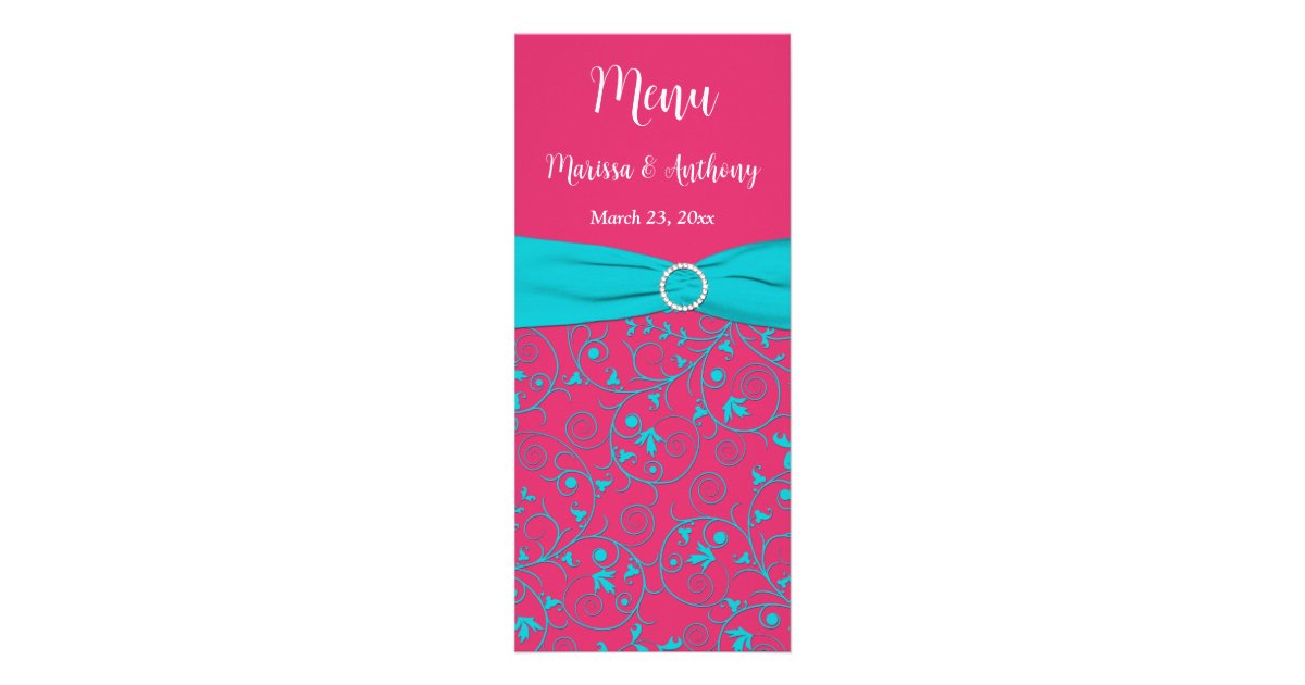 Pink, Aqua Swirls Wedding/Anniversary Menu Card | Zazzle