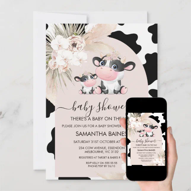 Pink Arch Floral Holy Cow Cow Print Baby Shower Invitation | Zazzle