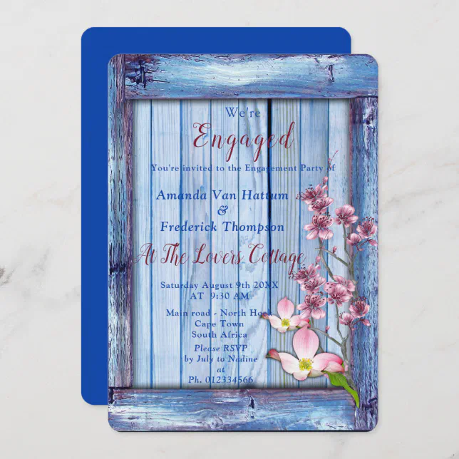 Pink arty Flowers on Blue-wood texture Invitation | Zazzle