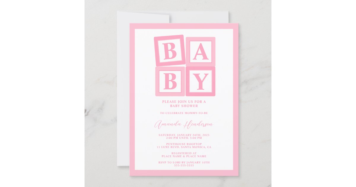 Pink Baby Blocks Girl Baby Shower Invitation | Zazzle