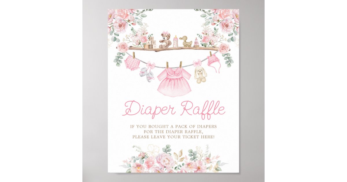 Pink Baby Clothes Floral Clothesline Diaper Raffle Poster | Zazzle
