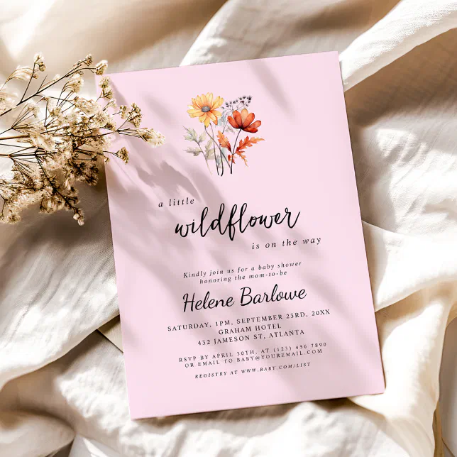 Pink Baby Girl Little Wildflower Baby Shower Invitation | Zazzle