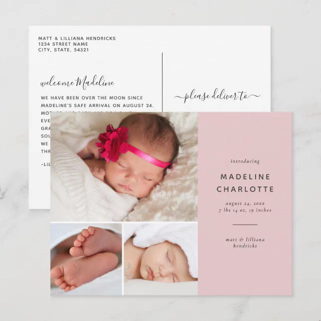 Pink Baby Girl Multi-Photo Newborn Announcement Postcard | Zazzle