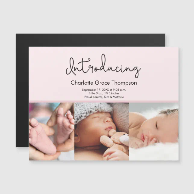 Pink Baby Girl Photos Introducing script Custom Magnetic Invitation ...
