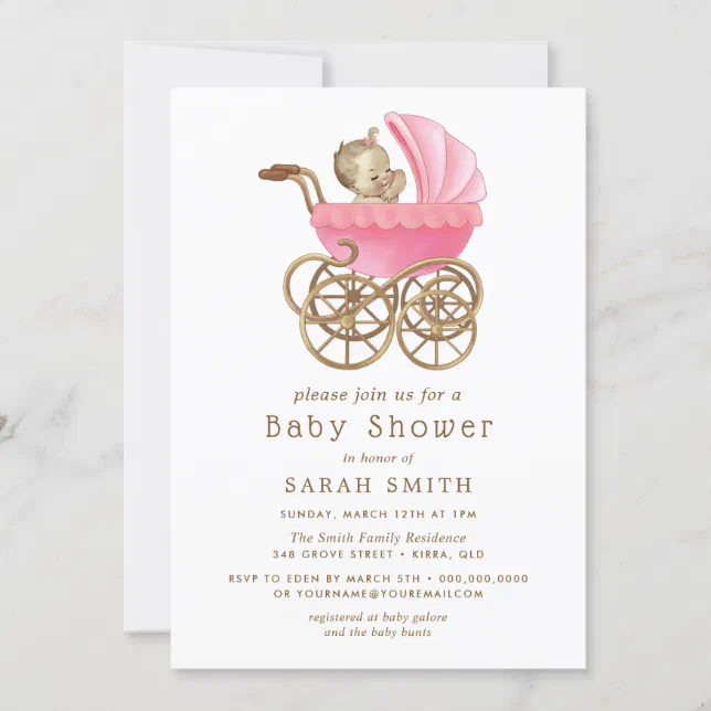 Pink Baby Girl Pram Stoller Baby Shower Invitation | Zazzle