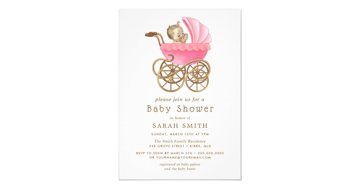 Pink Baby Girl Pram Stoller Baby Shower Invitation | Zazzle.com