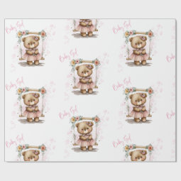 Pink Baby Girl Teddy Bear Baby Shower Wrapping Paper | Zazzle