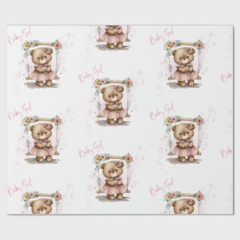 Pink Baby Girl Teddy Bear Baby Shower Wrapping Paper | Zazzle