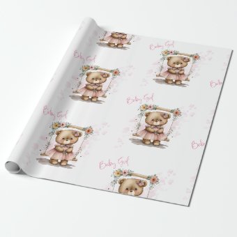 Pink Baby Girl Teddy Bear Baby Shower Wrapping Paper | Zazzle