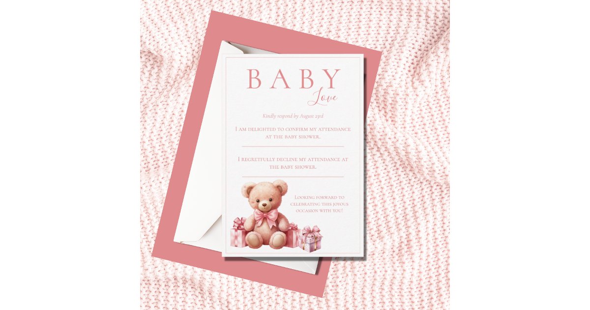 Pink Baby Love Watercolor Bear Baby Shower RSVP Card | Zazzle