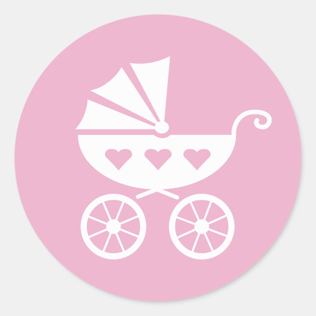 Pink baby shower stickers with cute carriage pram | Zazzle