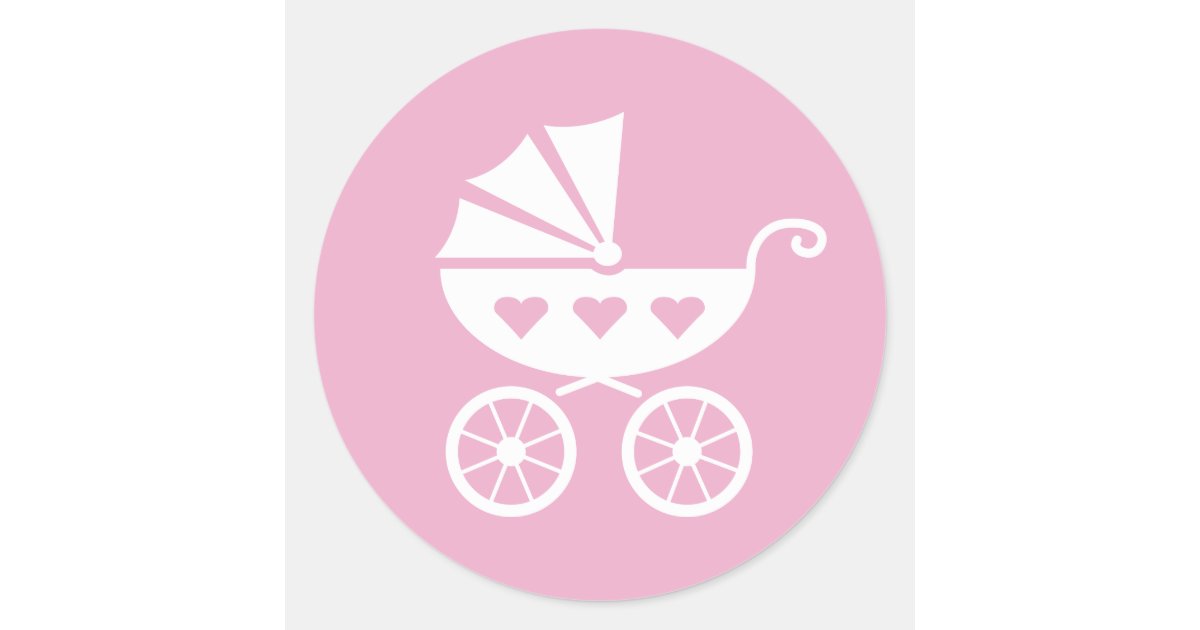 Pink baby shower stickers with cute carriage pram | Zazzle