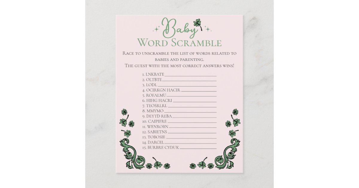 Pink Baby Word Scramble Irish Baby Shower Game | Zazzle